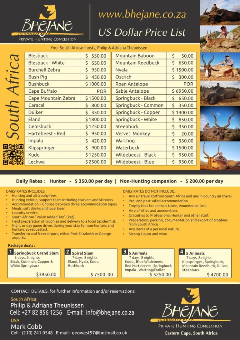 Hunt Price List – Bhejane Game Reserve
